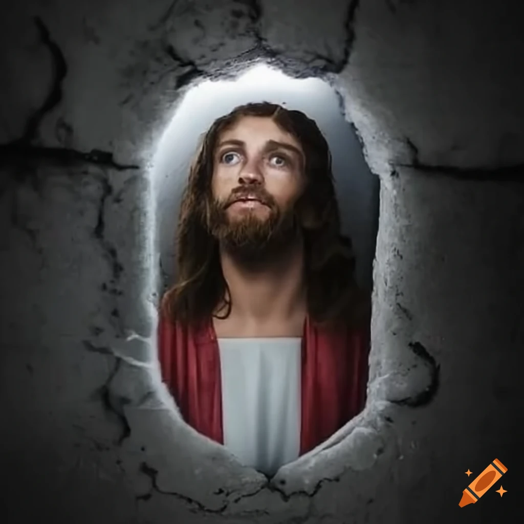 Man resembling jesus looking through hole in wall on Craiyon