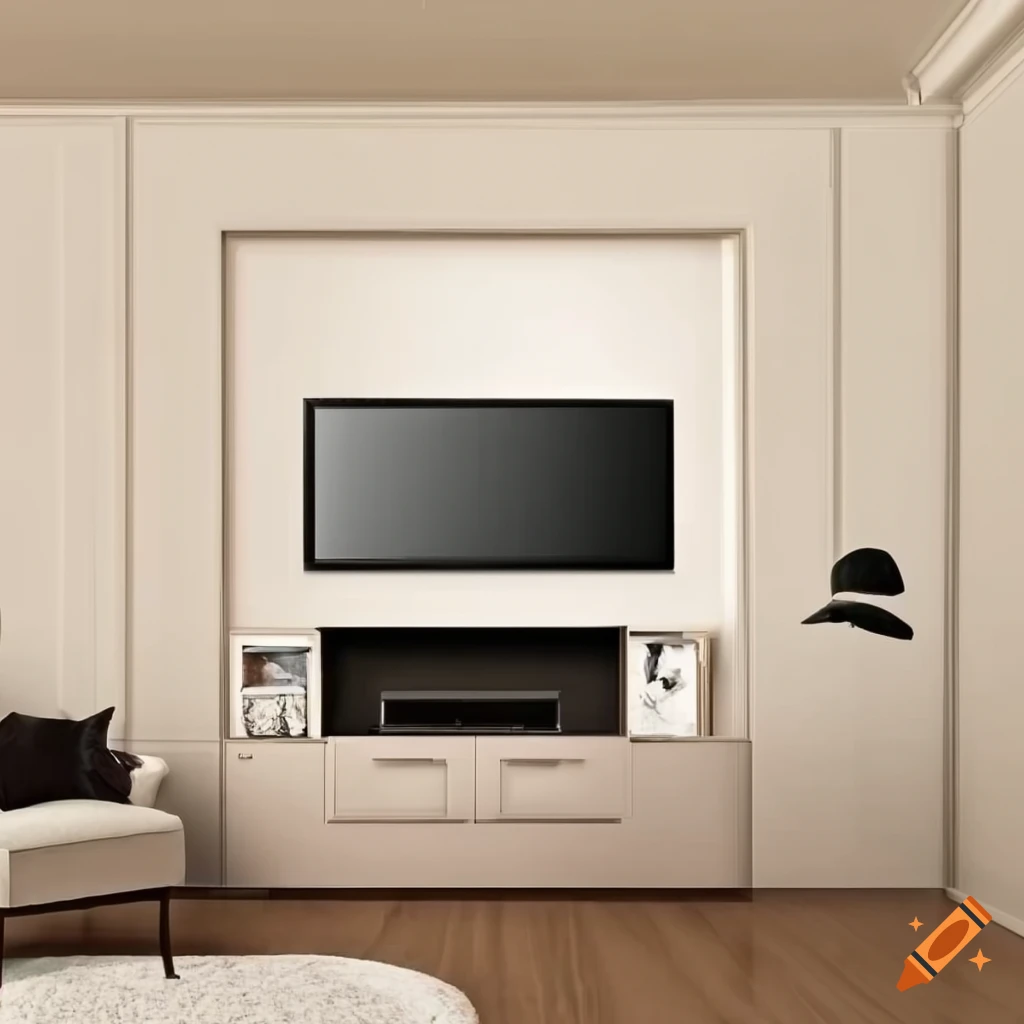 Cozy and elegant living room with cream walls and entertainment system ...