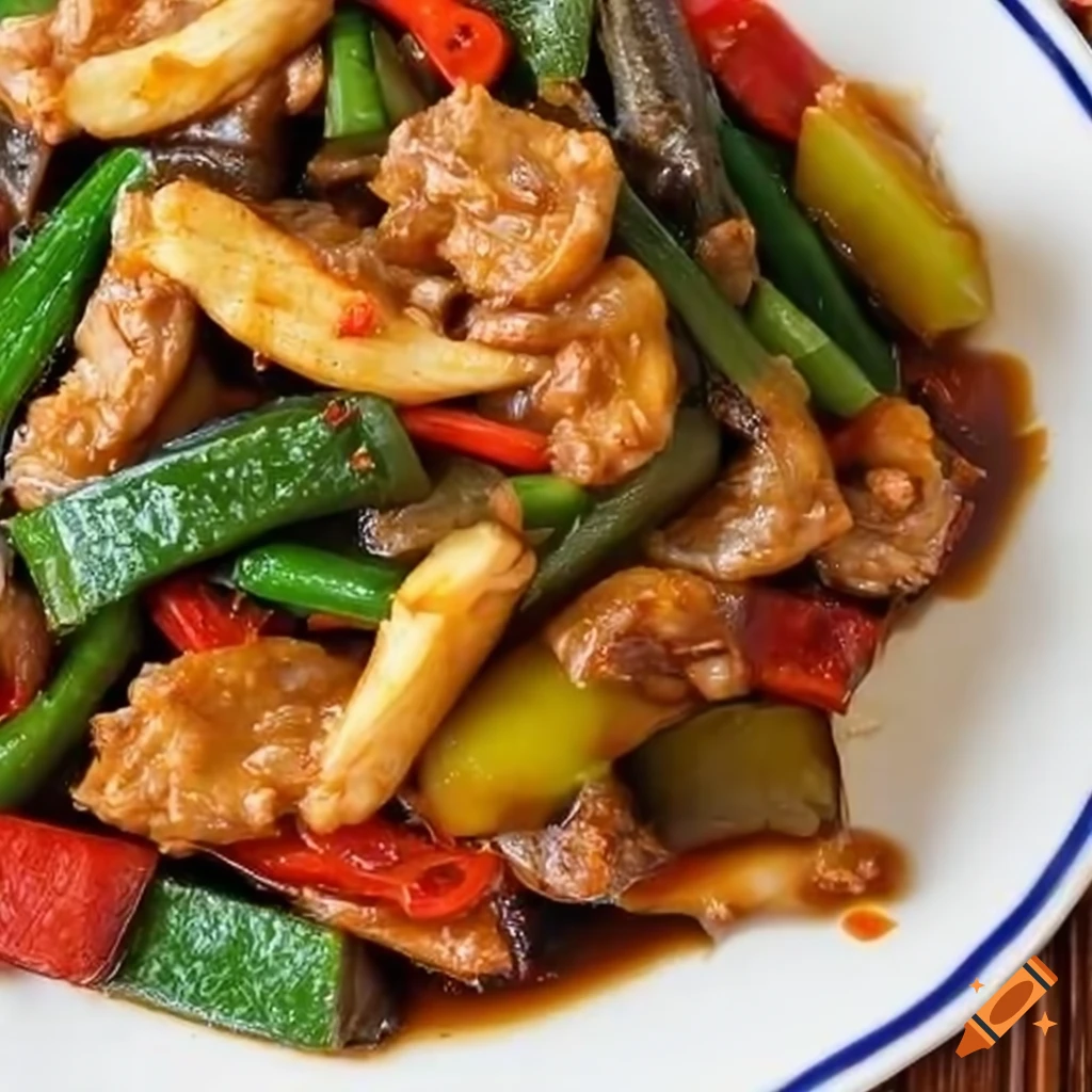 Chinese vegetable chopsuey dish with cubed teokon on Craiyon