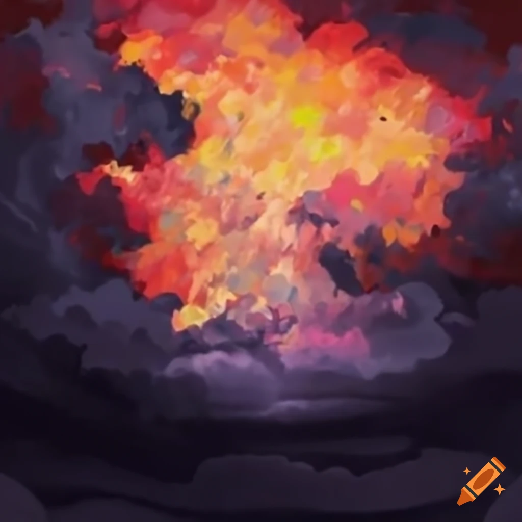 Illustrated masterpiece of dramatic sunset clouds or exploding fireworks on Craiyon
