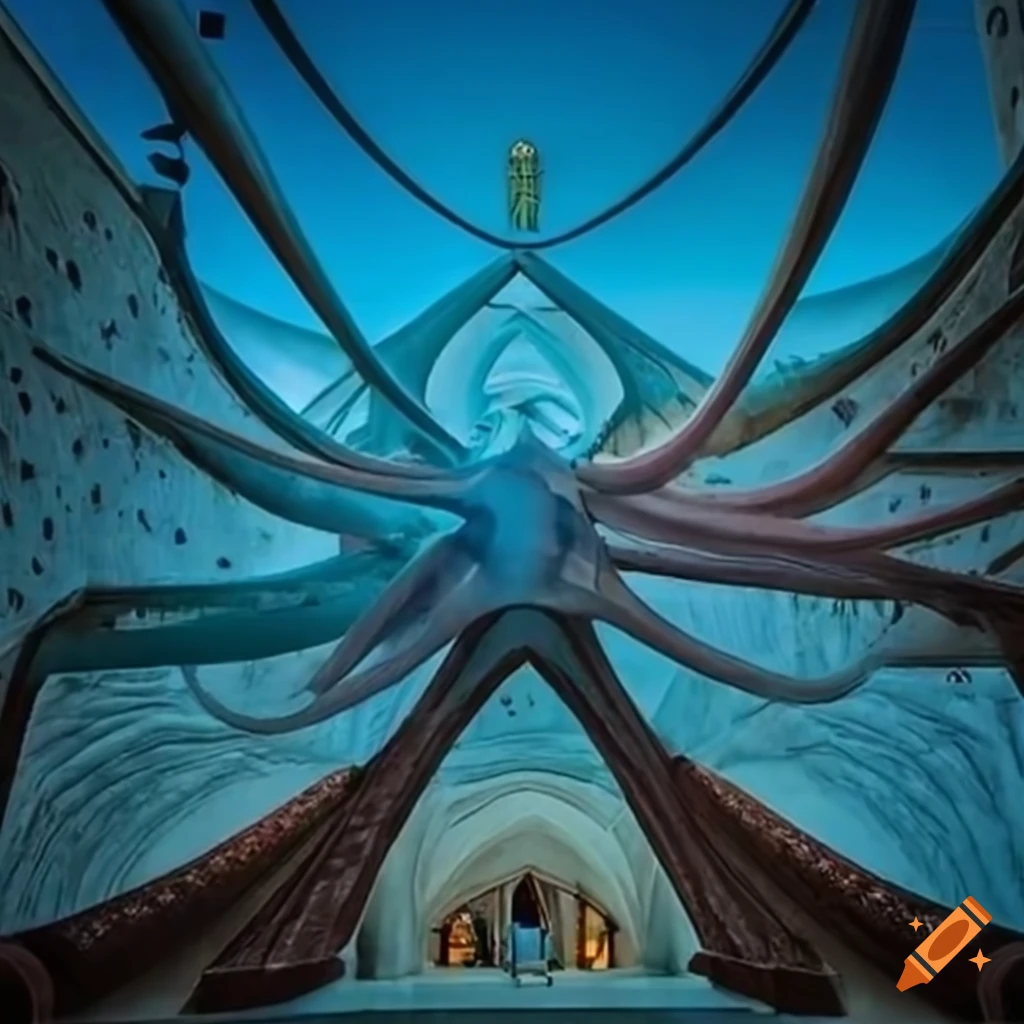Giant-squid architecture stylised cathedral with an amazed crowd on Craiyon