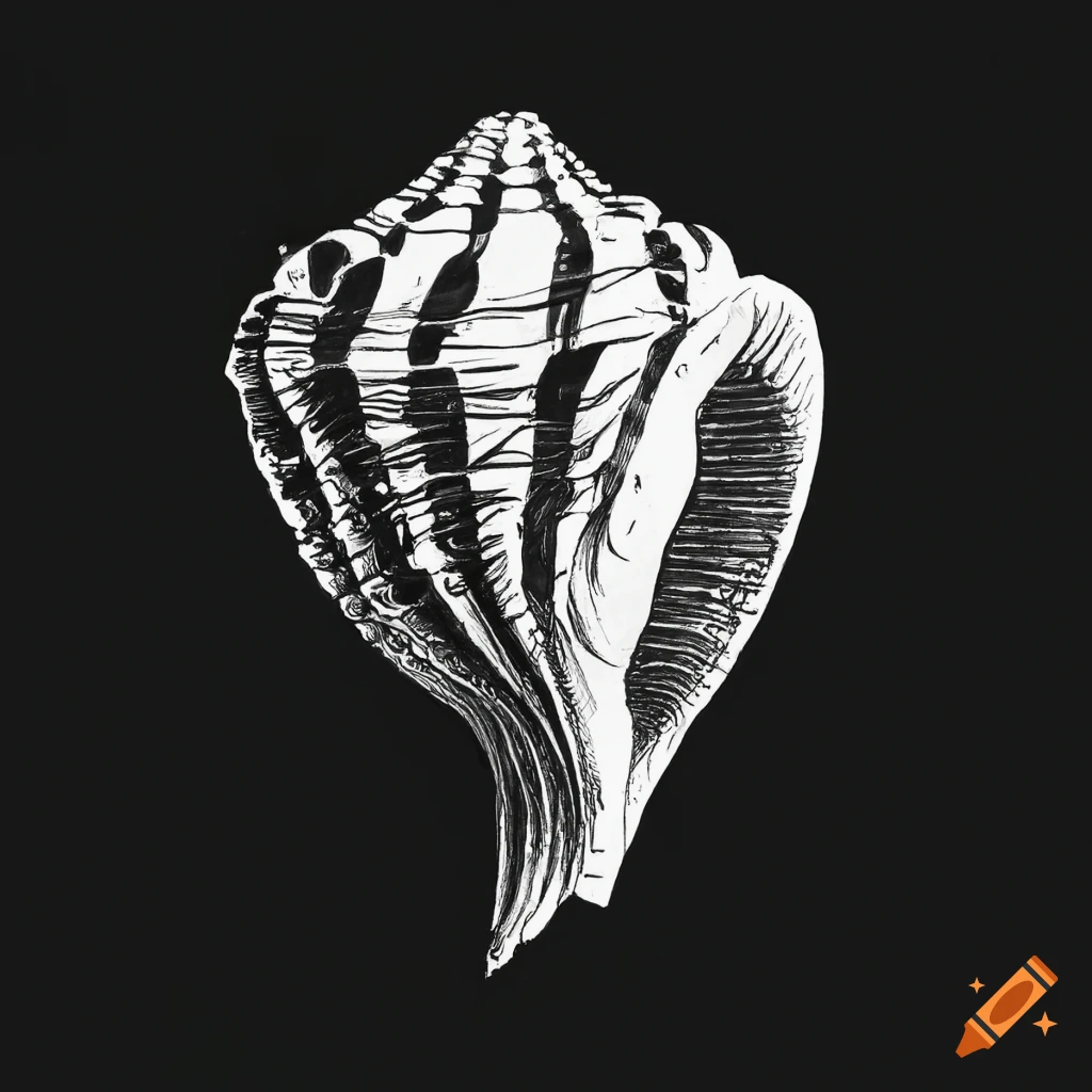 Cubist drawing of a whelk shell with a woman emerging on Craiyon
