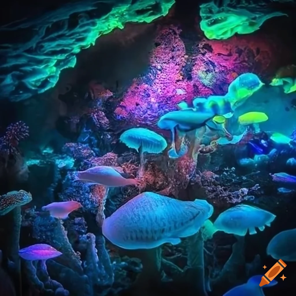Underwater tapestry of vibrant fish, coral, and mythical creatures ...