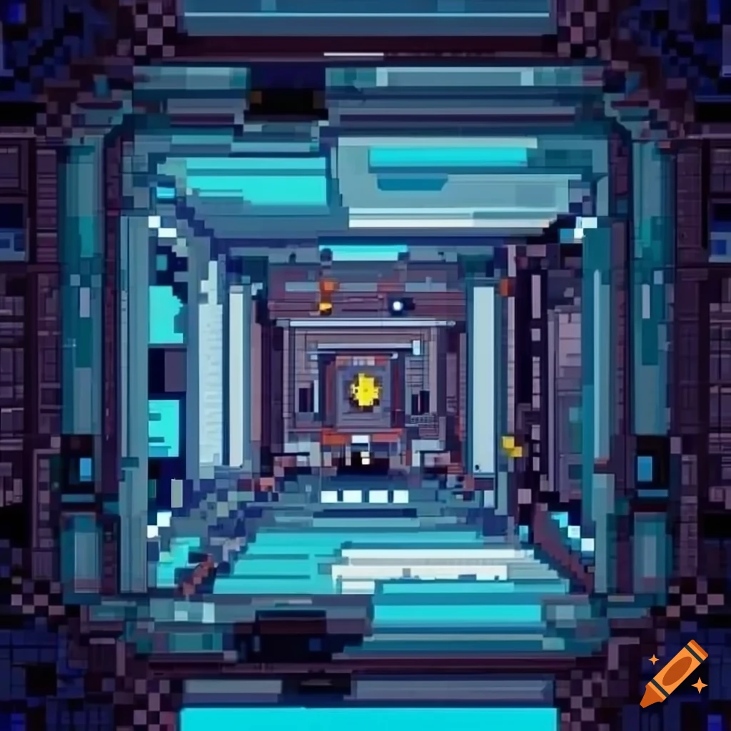 Detailed pixel art of futuristic technologically advanced space station ...