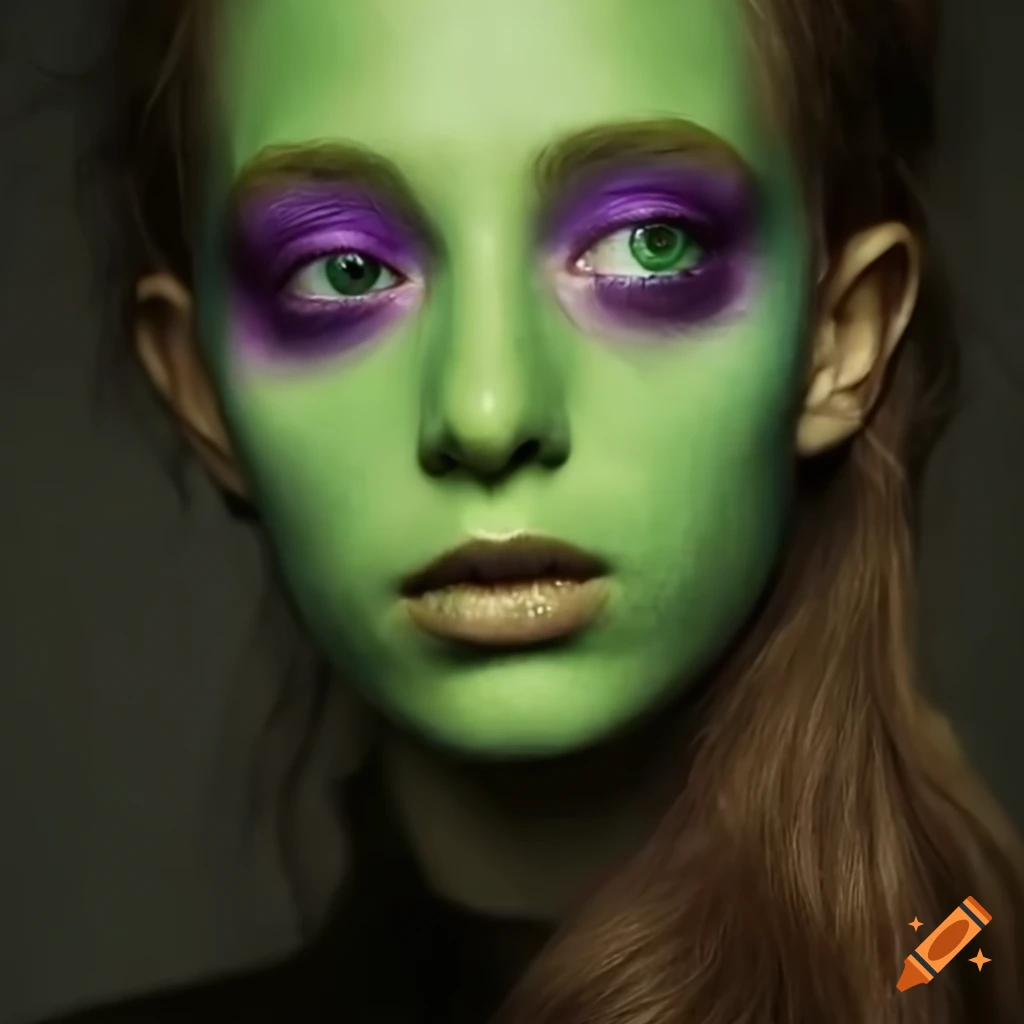 Emily taheny portraying 'the mask' with bright green face paint on Craiyon