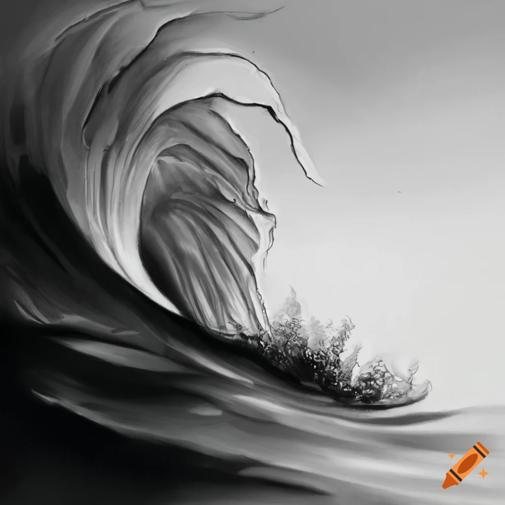 Black and white pencil sketch of a 100 meters wave at the beach on Craiyon