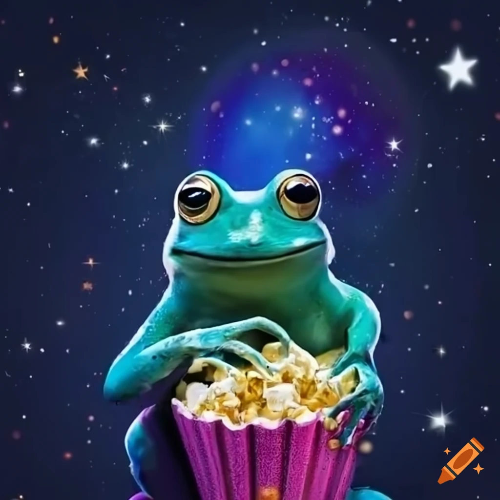 Frog eating popcorn under the moon and stars in a colorful galaxy on ...