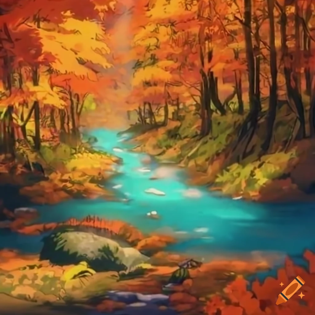 Studio ghibli, a river in the fall on Craiyon
