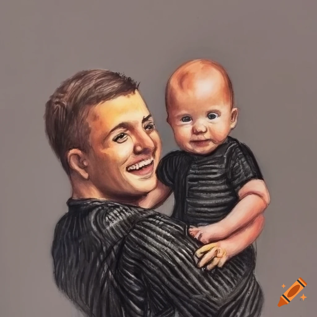Father smiling while holding baby in colored pencil drawing on Craiyon