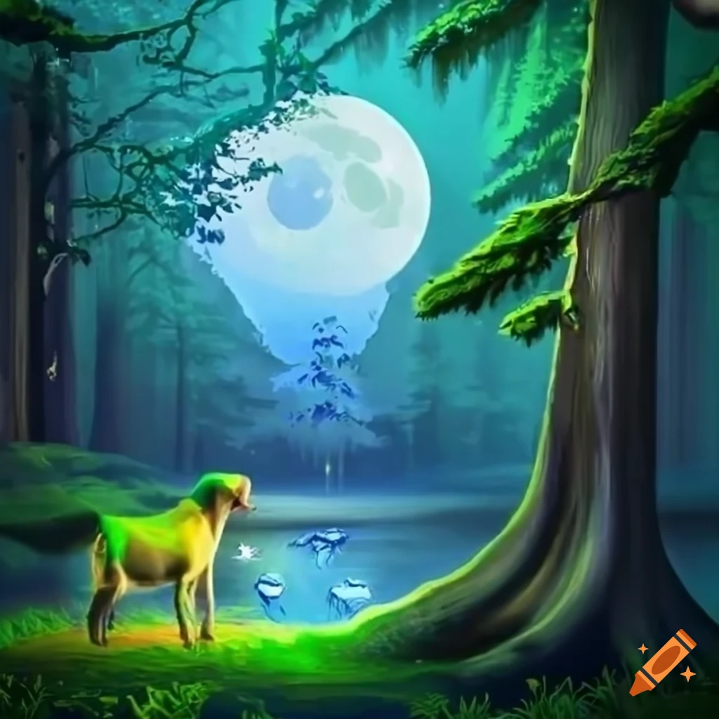 Enchanted forest with a majestic black labrador retriever under the ...