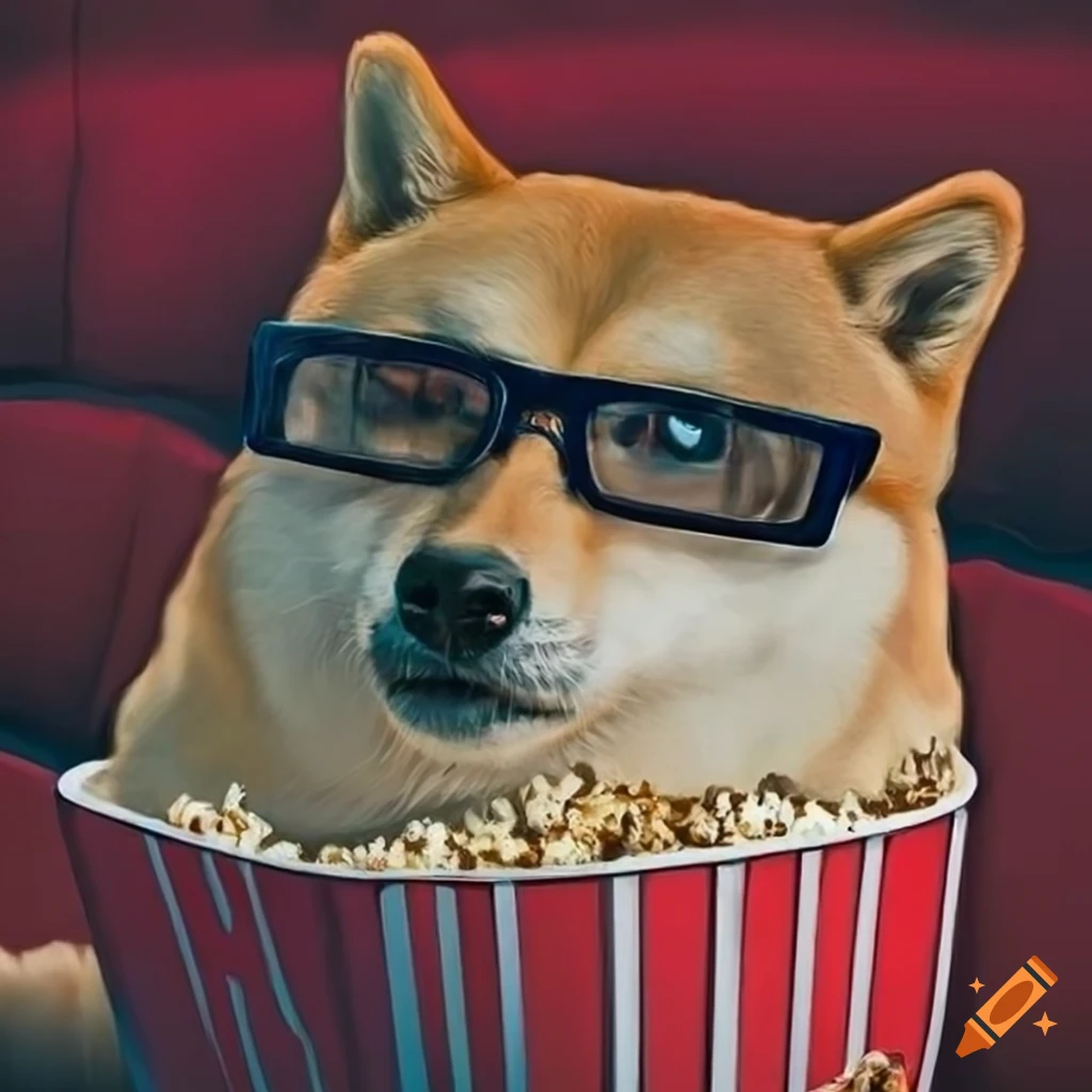 Realistic portrait of a doge with glasses eating popcorn in a movie ...