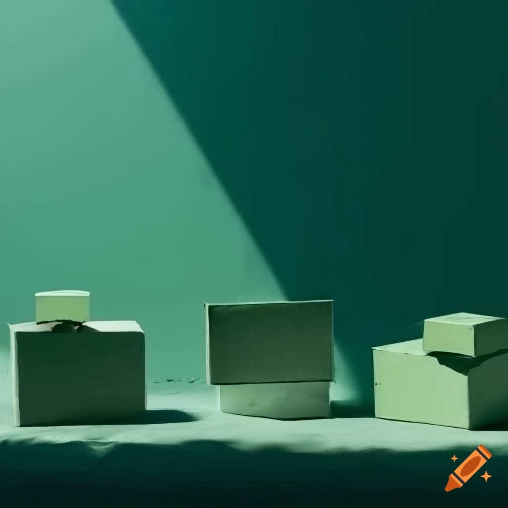 Unique solid objects and boxes on a table in a dimly lit old hotel room ...