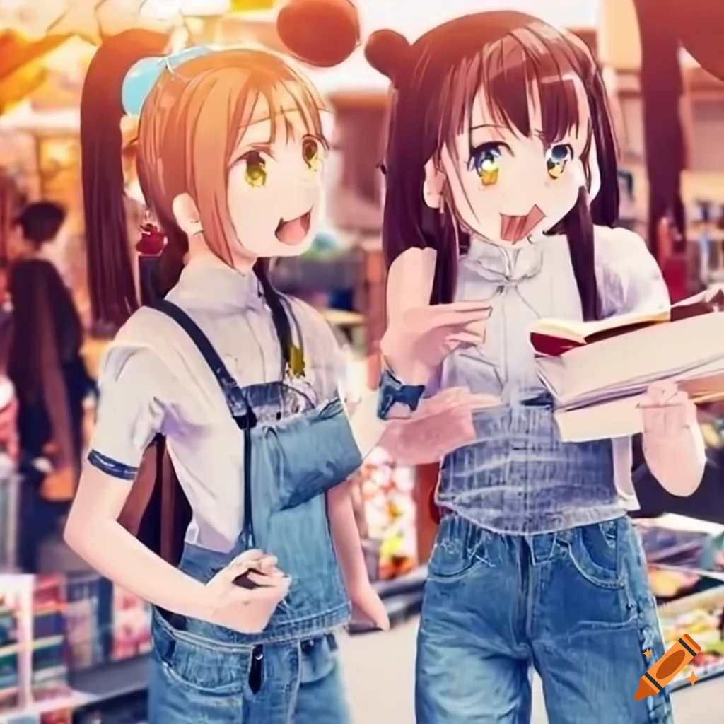 Joyful Anime Girls Exploring Science Book Stalls In A Crowded Outdoor Market On Craiyon