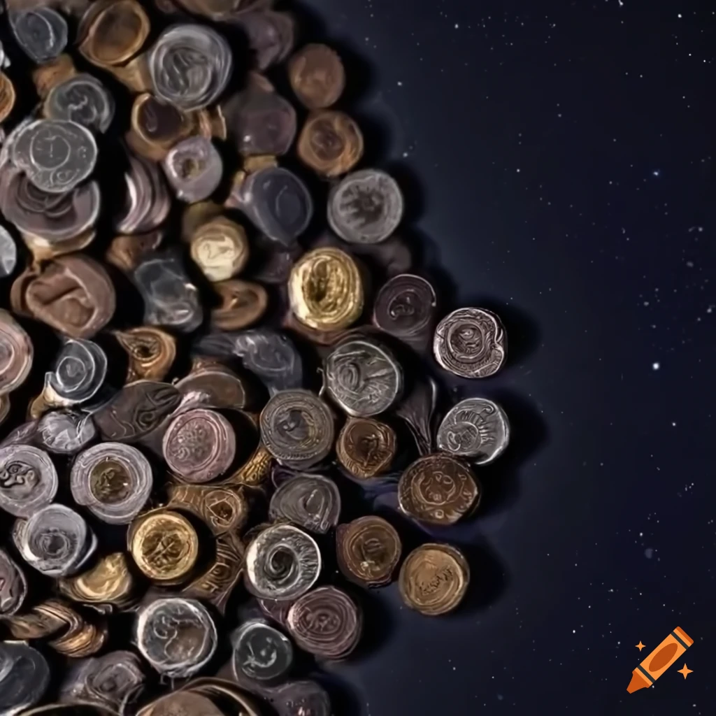 Space background with ancient coins forming a galaxy extending into ...