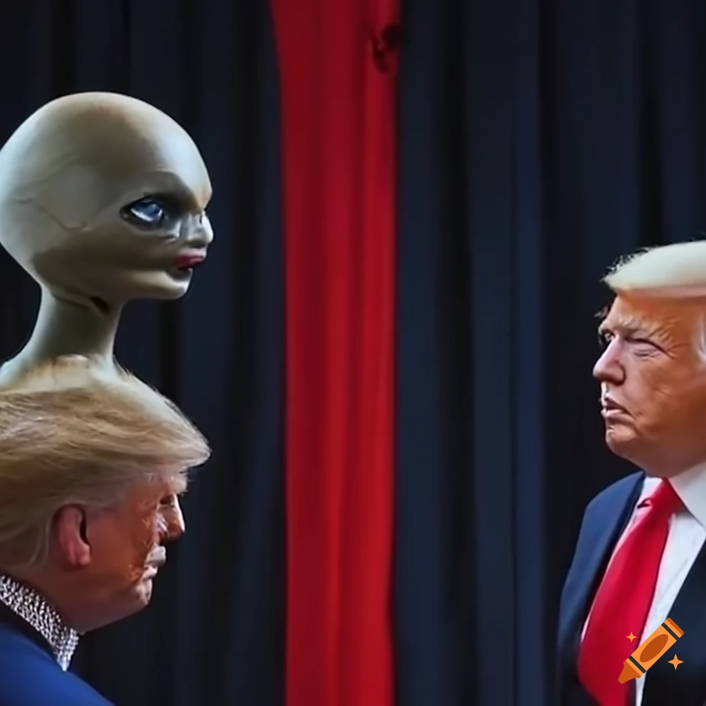 Satirical scene with donald trump interviewing an alien accompanied by ...