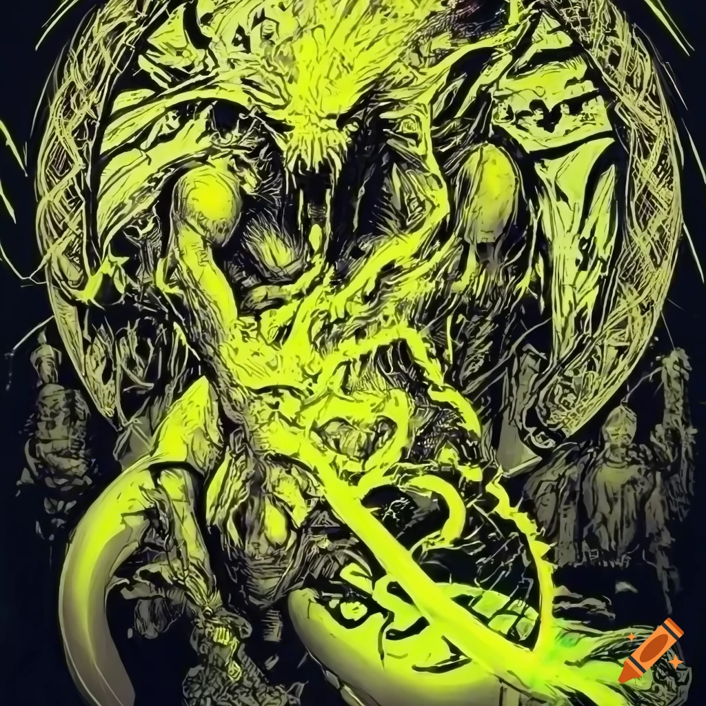 Neon yellow and black and white art with demonic and fantasy elements ...