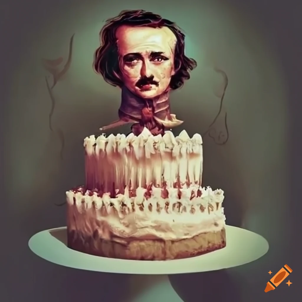 Edgar allan poe with a birthday cake on Craiyon