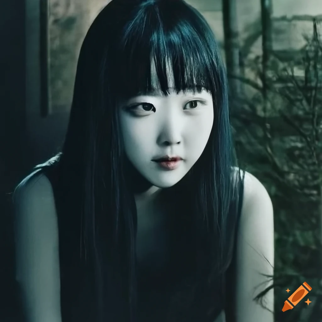 Portrait of a woman with a wretched smile in a retro japanese horror ...