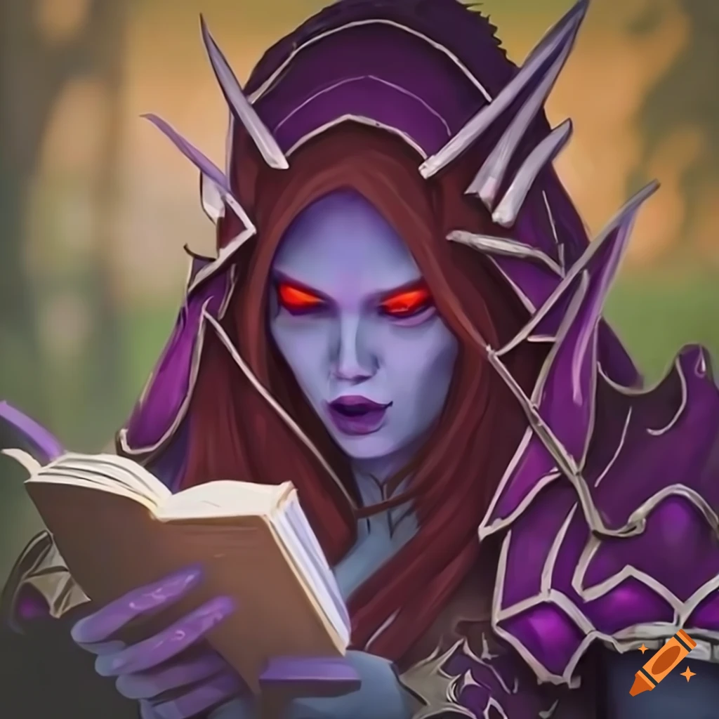 Sylvanas windrunner reading a book in a dog park on Craiyon