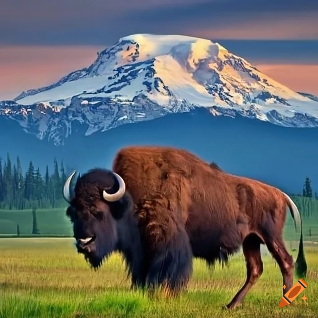 Giant buffalo overlooking mt rainier on Craiyon