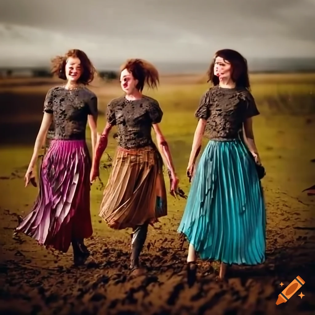 Four women in muddy vintage skirts and t-shirts walking across a field ...