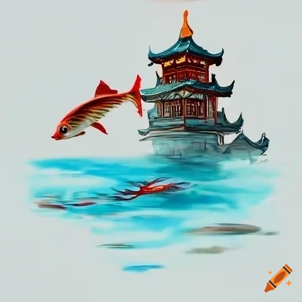Fish jumping from a serene flowing river with traditional chinese ...