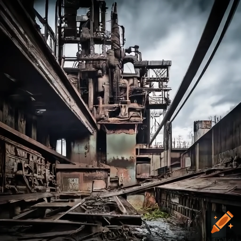 Abandoned steel factory interior with pipes and machinery on Craiyon