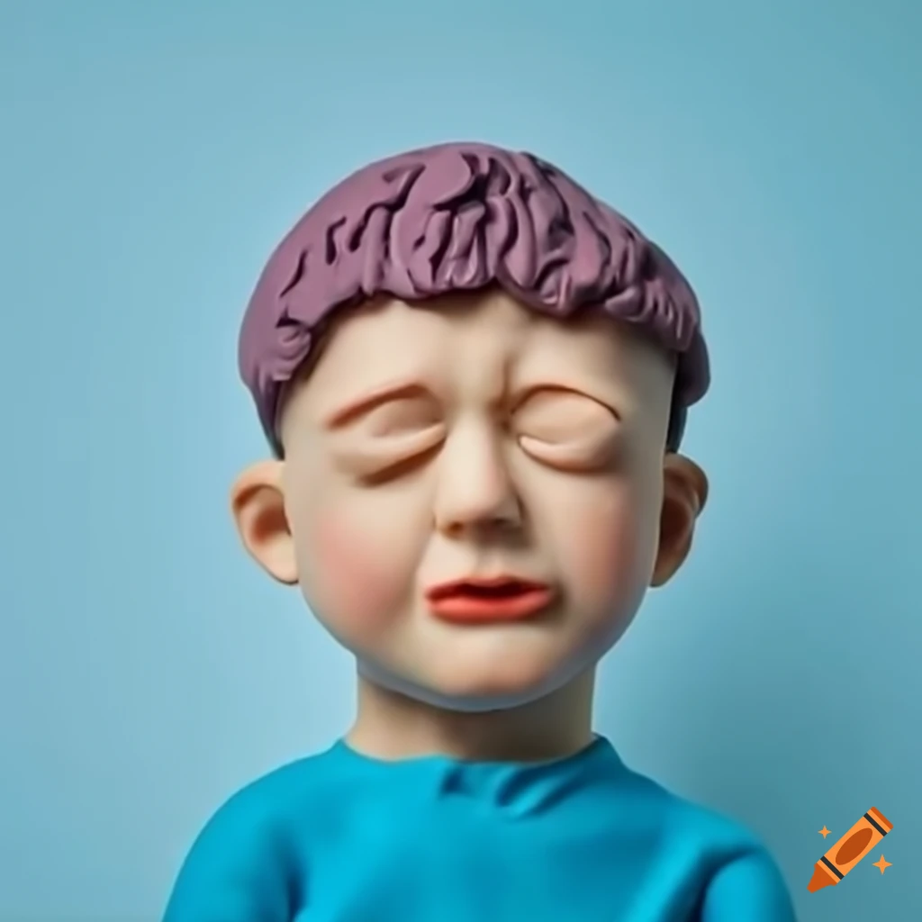 Plasticine sculpture of a boy with closed eyes on a blue surface on Craiyon