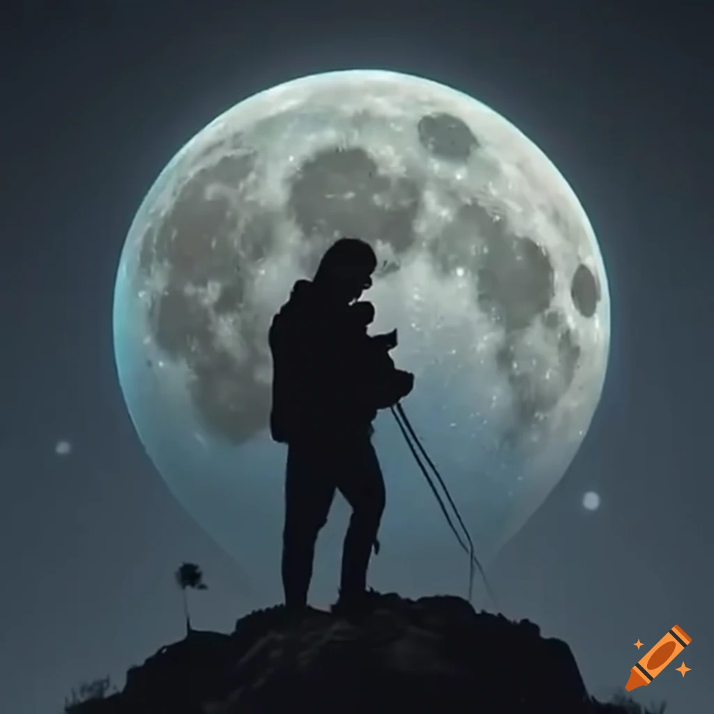 Man with a camera on his shoulder under a full moon on Craiyon