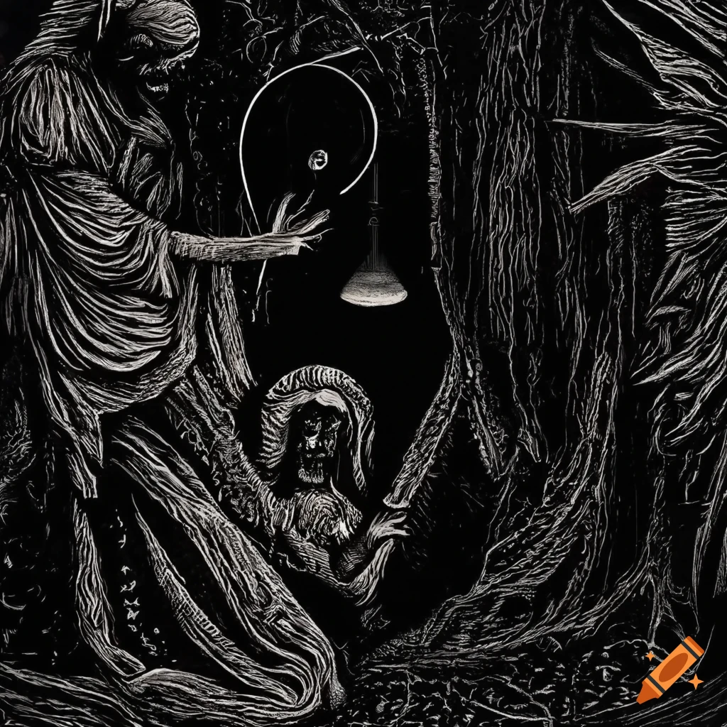 Detailed woodcut occultism scene with witchcraft and black magic in ...