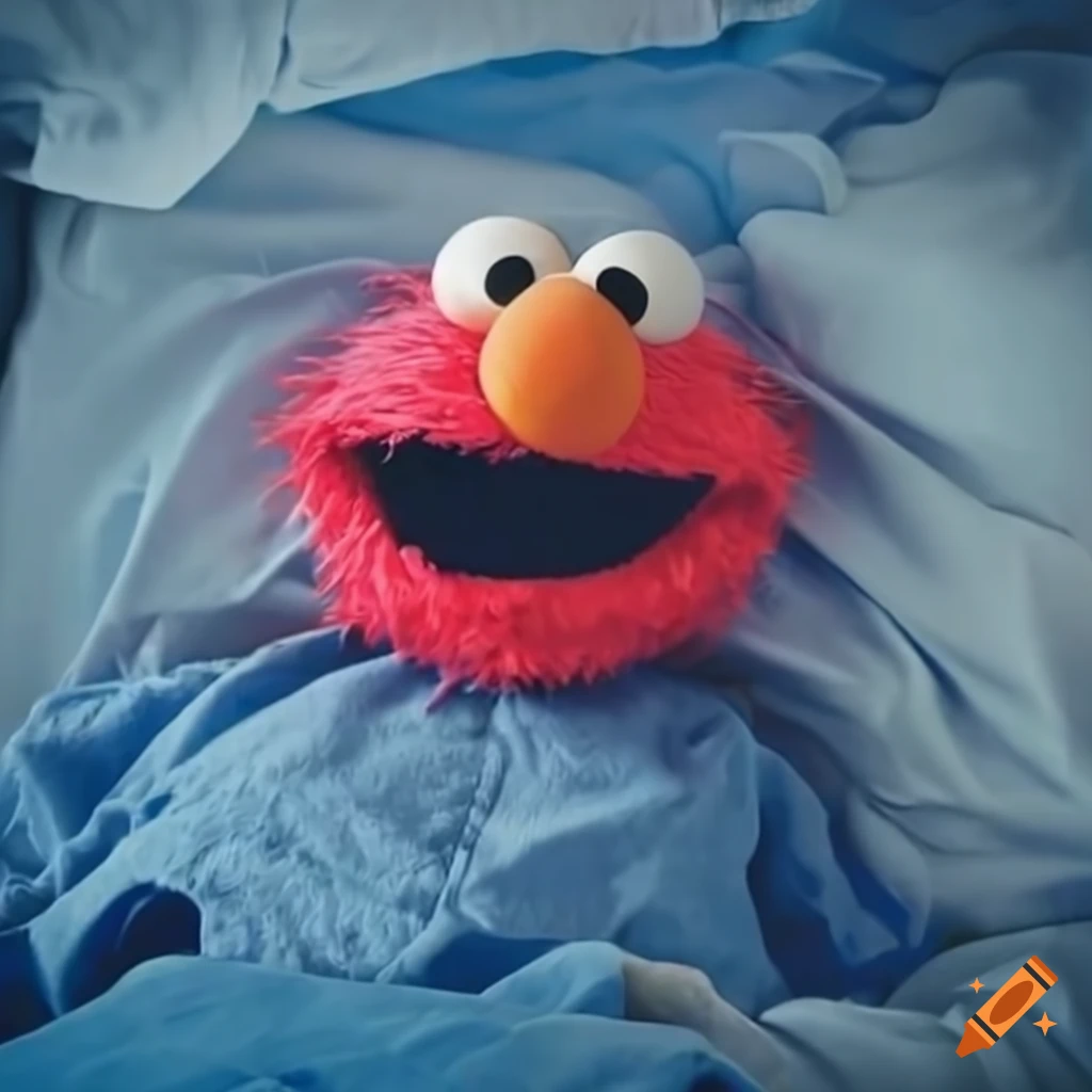 Elmo in a hospital bed with a blue background on Craiyon