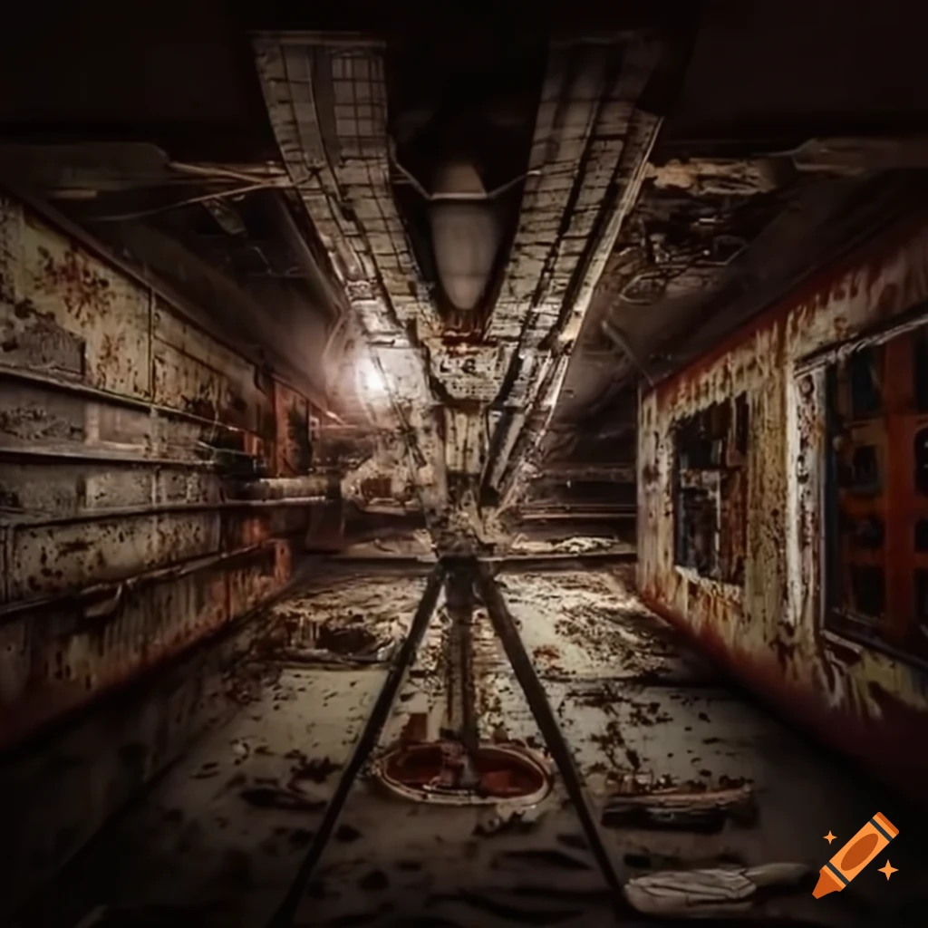 Interior of a rusty and abandoned space station on Craiyon
