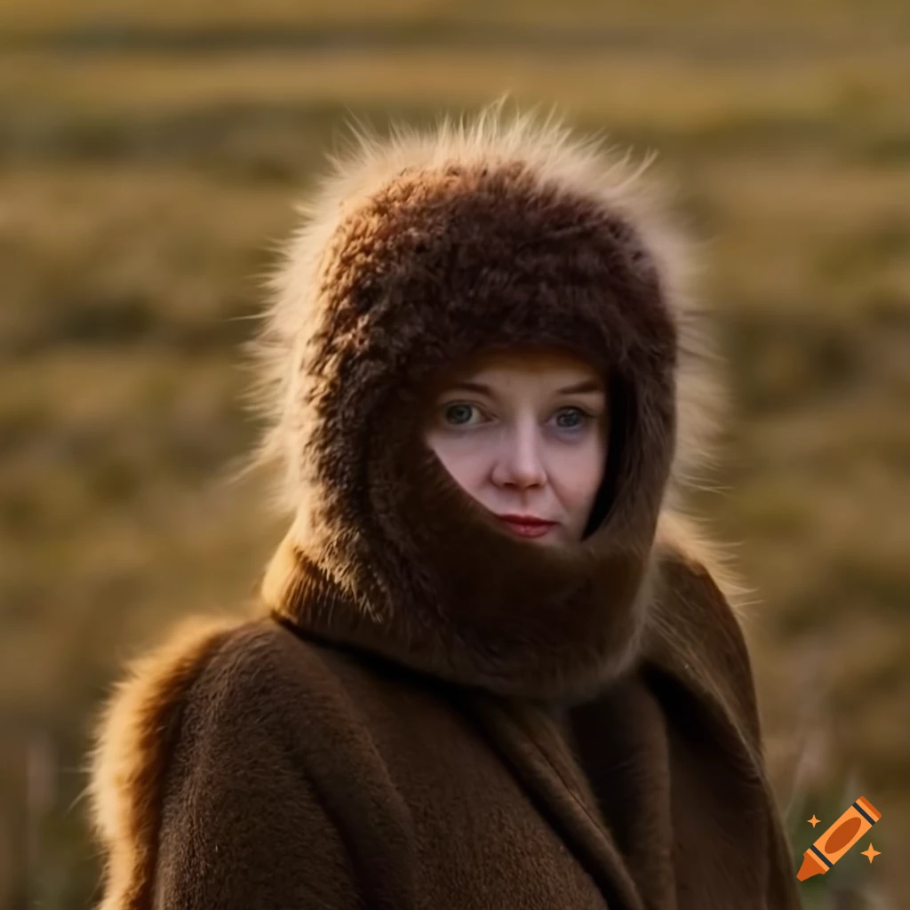 Woman in thick winter coat, balaclava, and mittens in a field on Craiyon