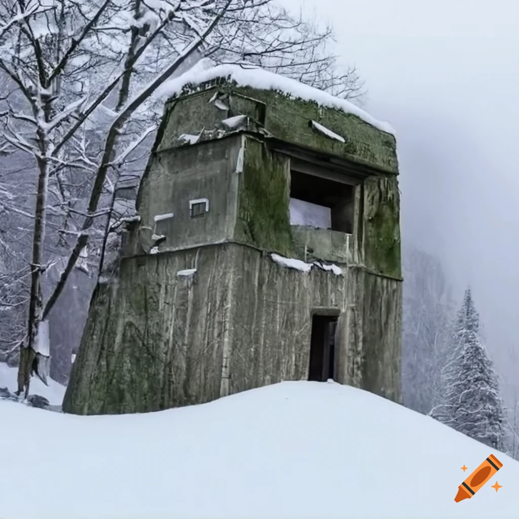 Swiss army bunker set into steep forest hillside in winter with snow on ...