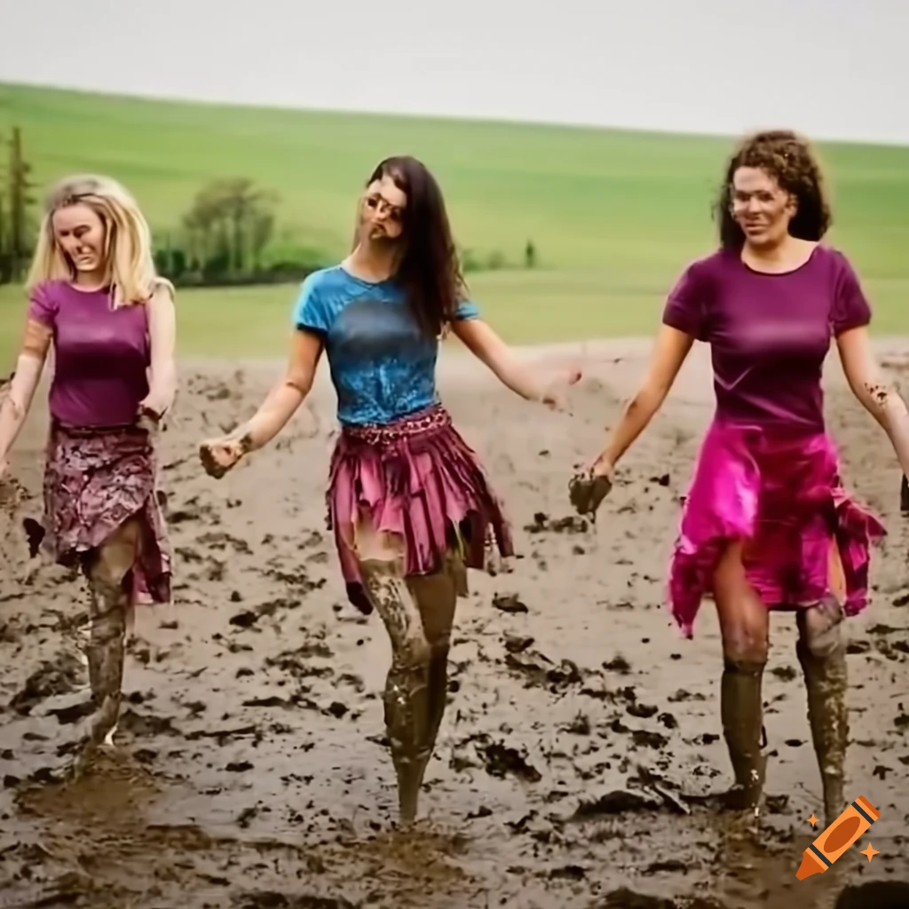 Group of happy women walking through a muddy field in ripped skirts and ...