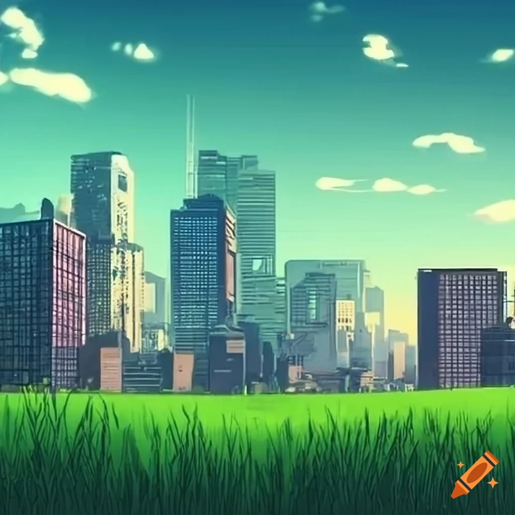 Anime city buildings with grassy field in the foreground on Craiyon