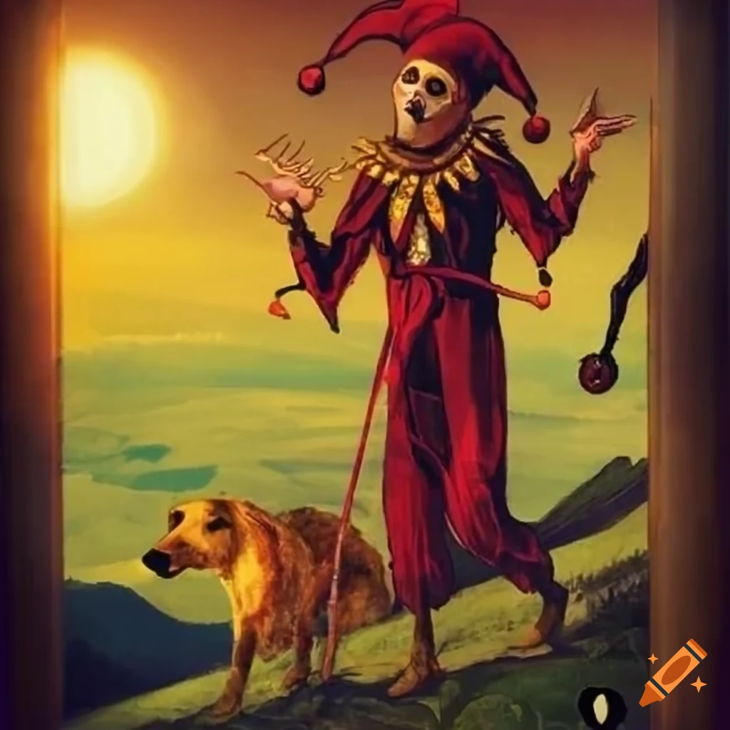 Tarot card of the fool with jester and a dog on a hill on Craiyon