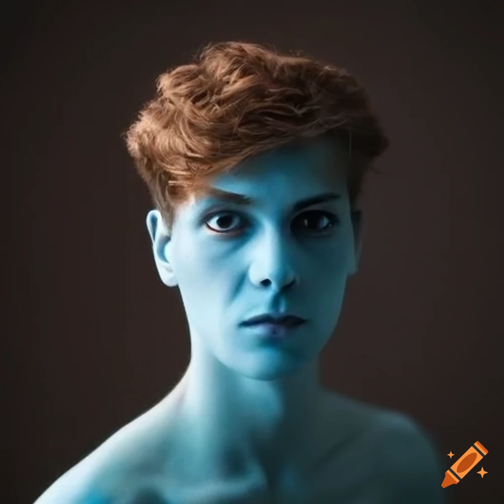 Blue-skinned humanoid alien man with short wavy brown hair and square ...