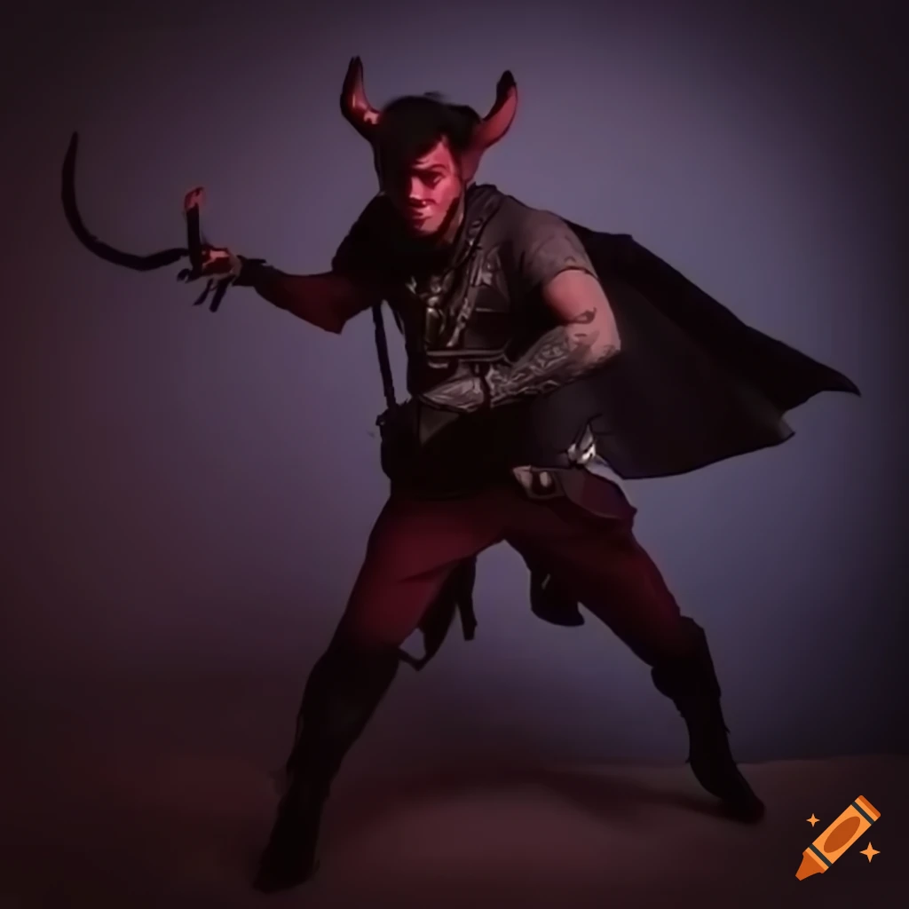 Kyron Schwarzmantel, male tiefling rogue with black hair and light red ...