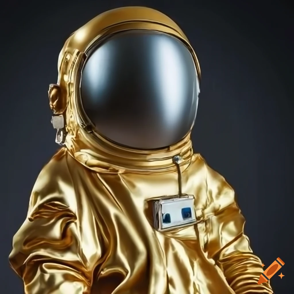Beautiful woman astronaut in gold silk spacesuit and helmet on Craiyon