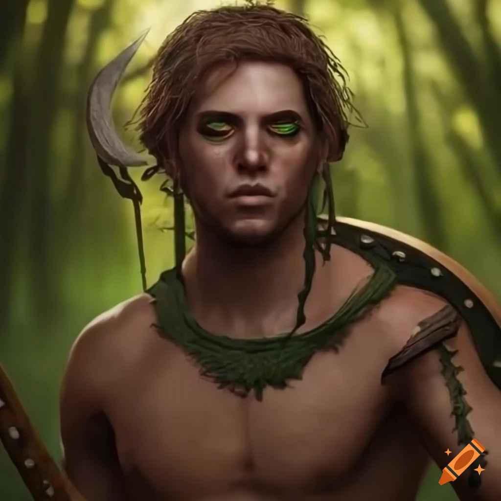 Male human with scimitar and wooden shield in a forest setting on Craiyon