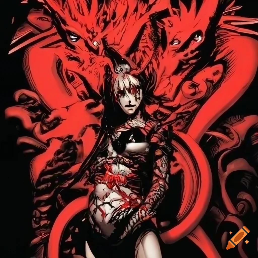 Fluorescent demonic black dragon kalameet emerging from the moon with a beautiful female face on ...