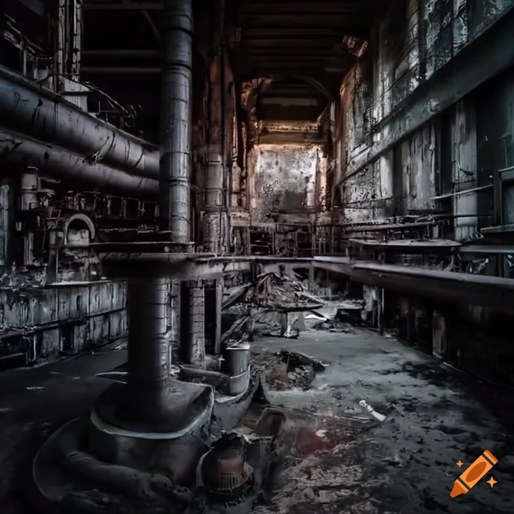 Interior of a large abandoned steel factory with photorealistic details ...