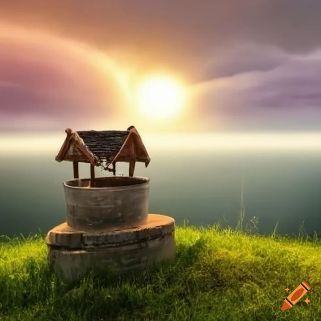 Well on a hill with sun, clouds, and plants on Craiyon