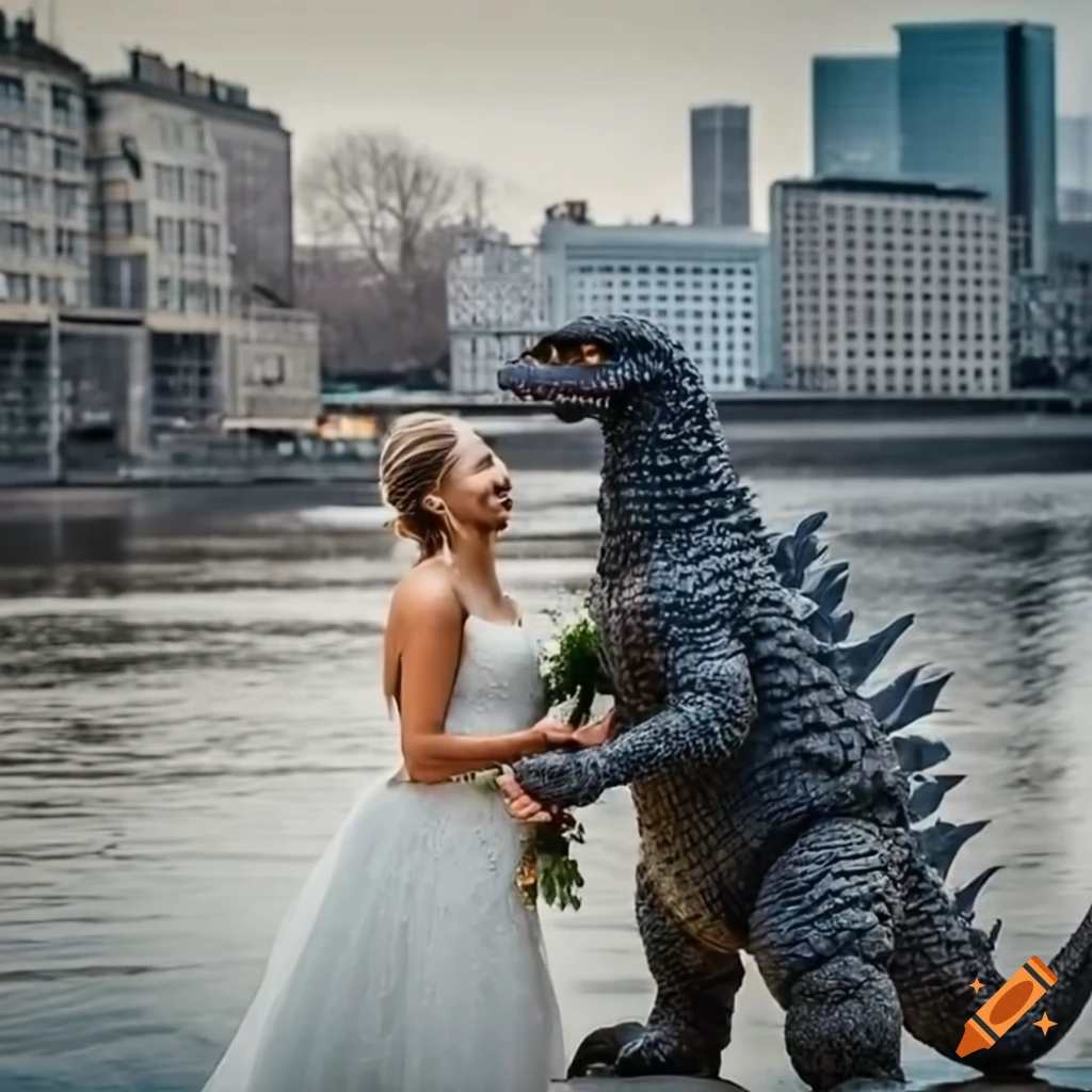 Newlywed couple posing in front of a river with city and Godzilla in ...