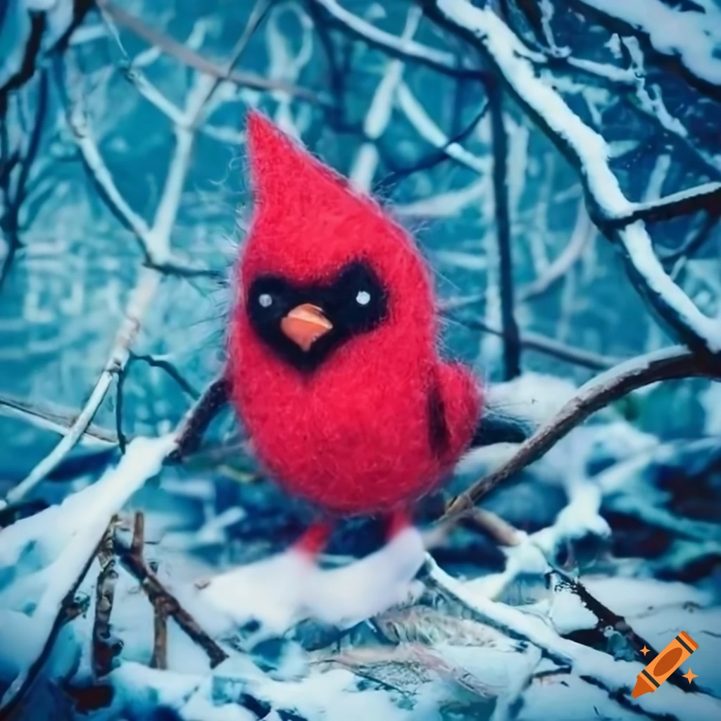 Needle felt red cardinal bird in a snowy ancient forest with vintage ...