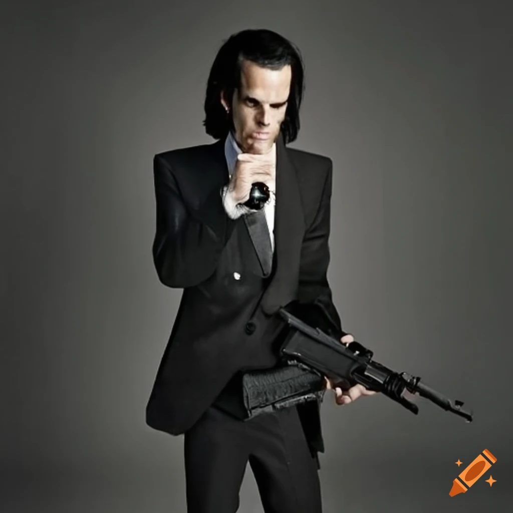 Nick cave as a special agent holding a gun on Craiyon