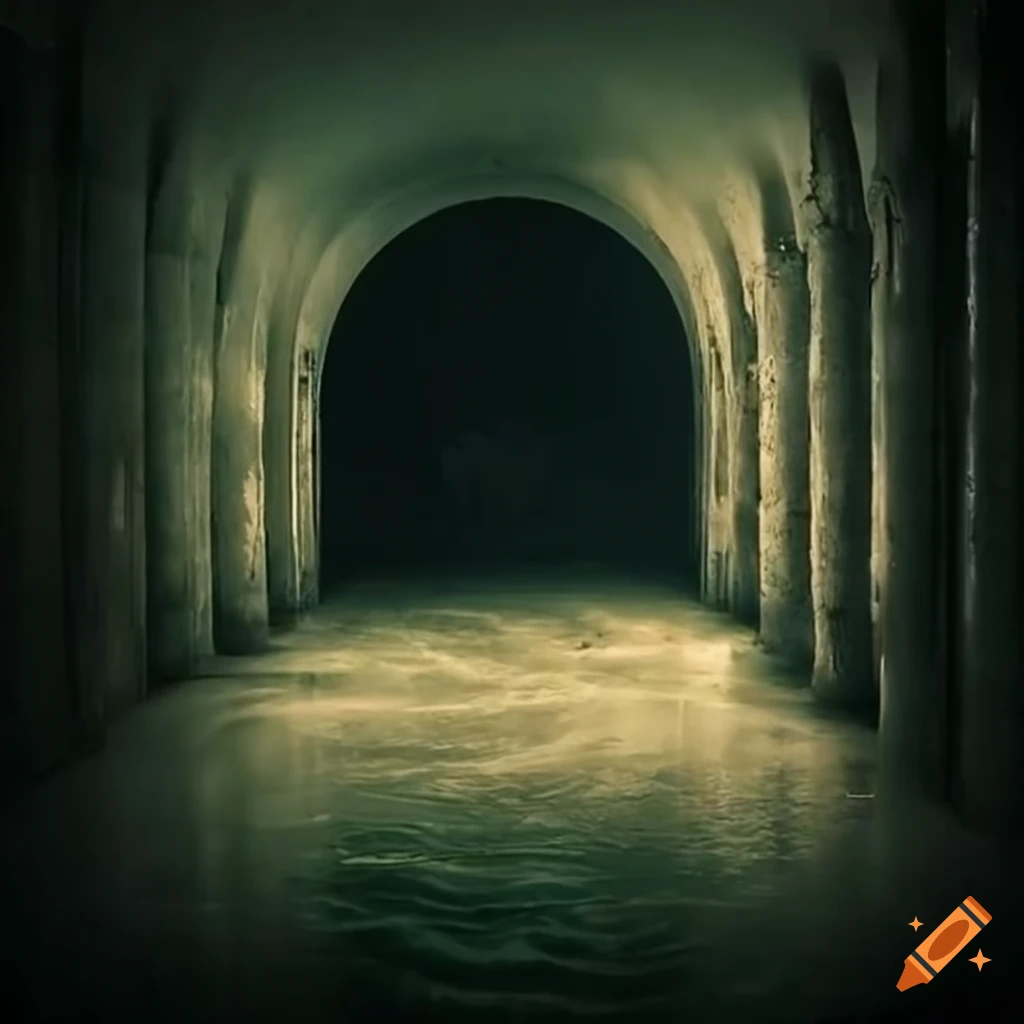 Spooky water-filled cellar with shimmering lights and mirrors on Craiyon