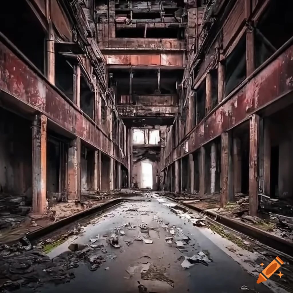 Interior of a large abandoned steel factory with photorealistic details ...