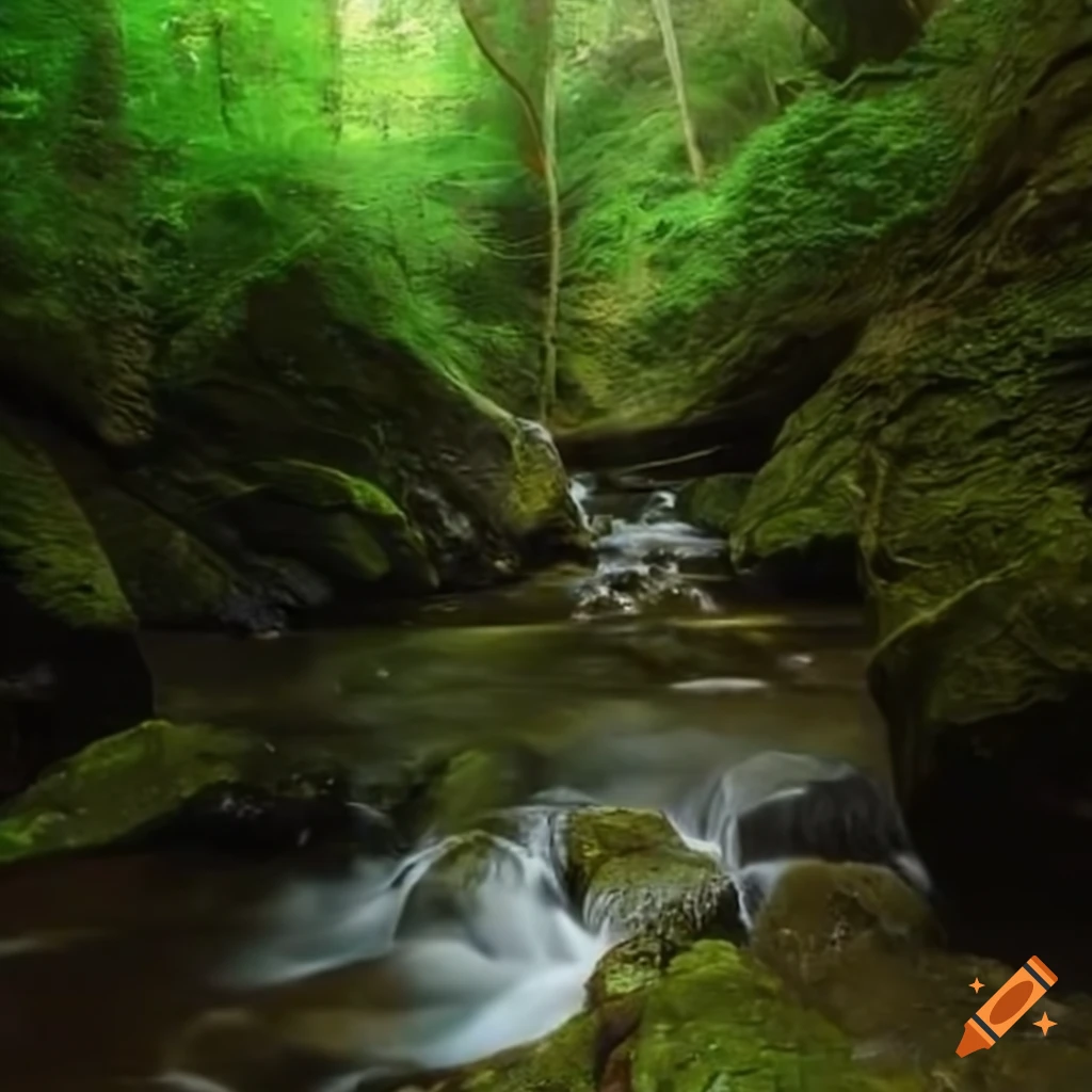 Shallow stream flowing from a cave mouth with dense briar thickets on ...